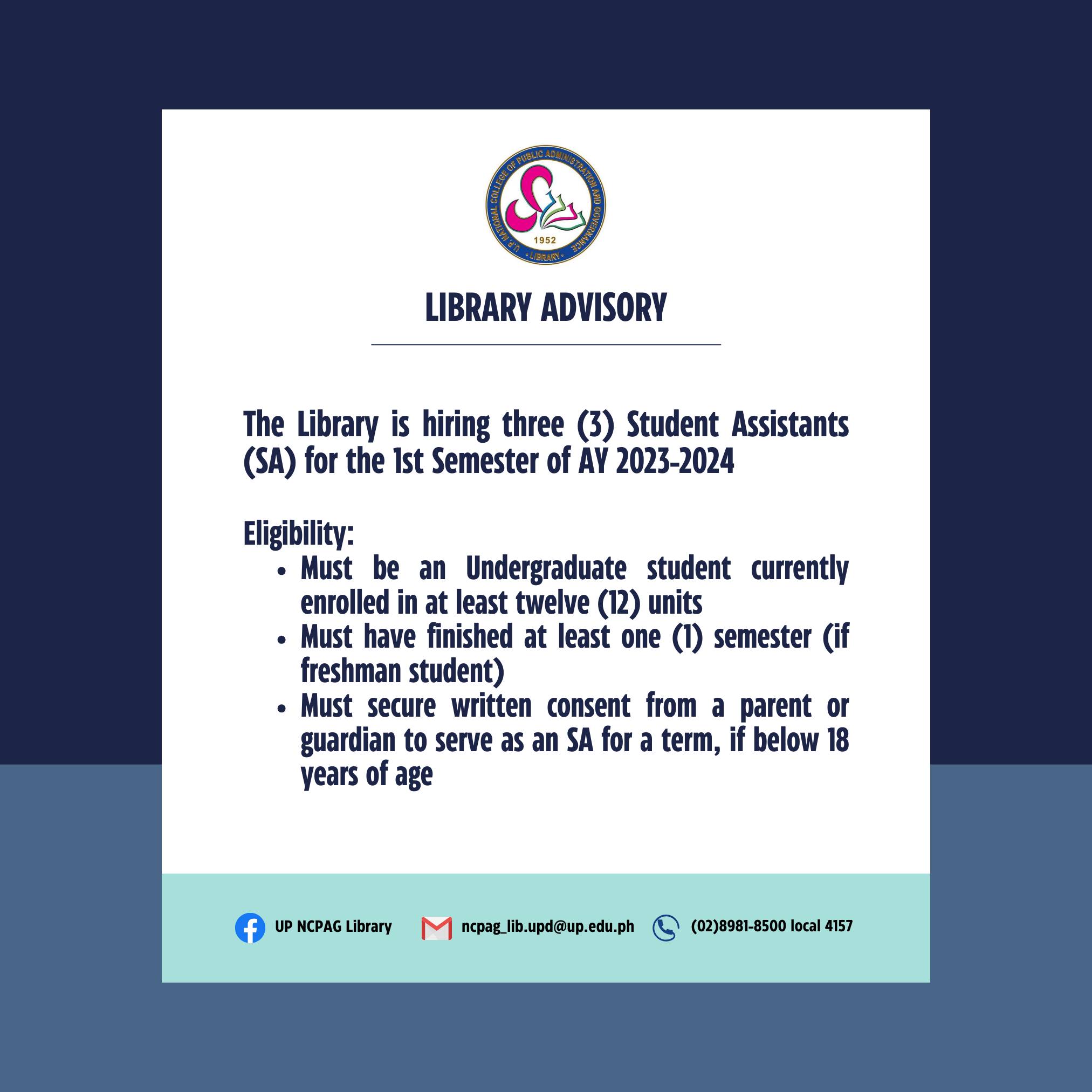 NCPAG Library Call for Student Assistants – The University Library ...